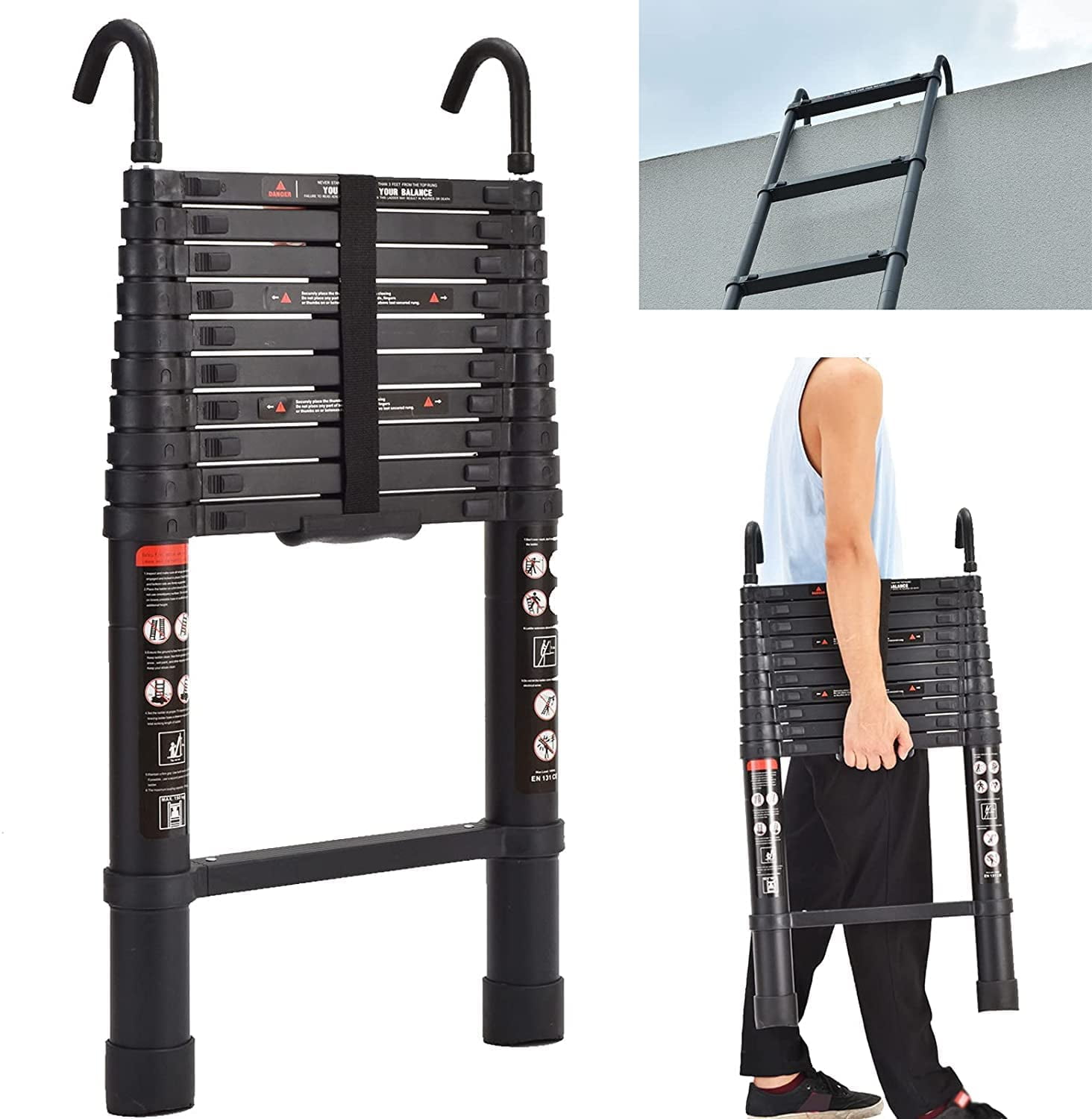 Dayplus 3.2 m Telescopic Ladder Extension Ladder with Removable Hook ...