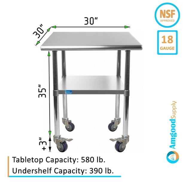 AmGood 30" Long x 30" Deep Stanless Steel Work Table with Casters ...