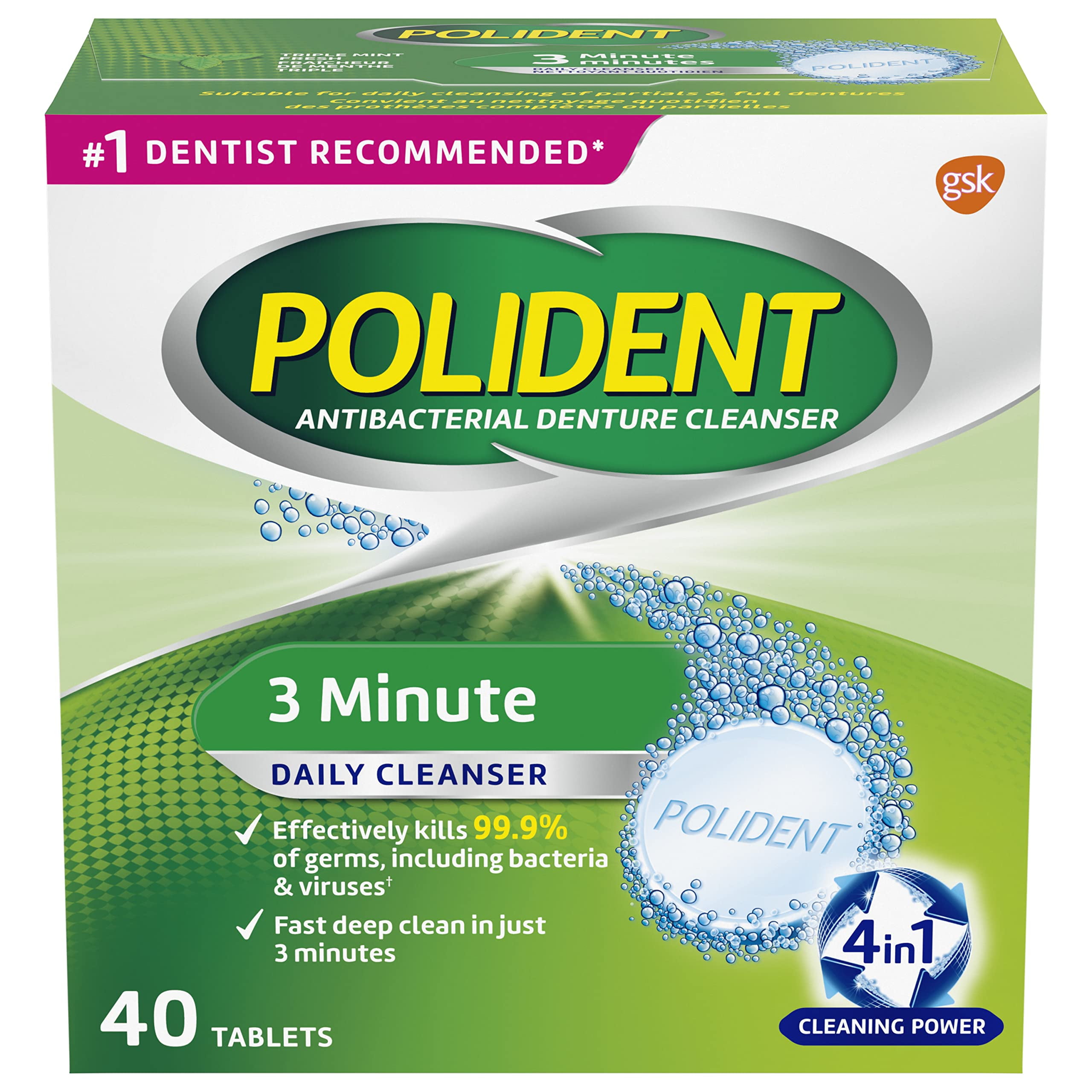 Limpiador de dentaduras Polident 3 Minute 40 comprimidos | Walmart en línea
