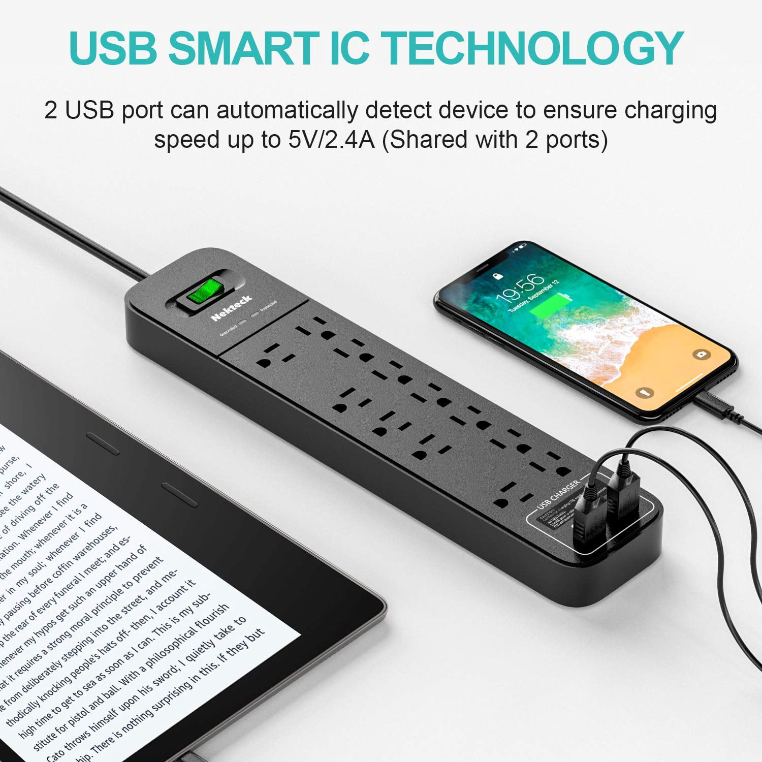 Buy Nekteck Power Strip Surge Protector with 2 USB Ports and 12 AC ...