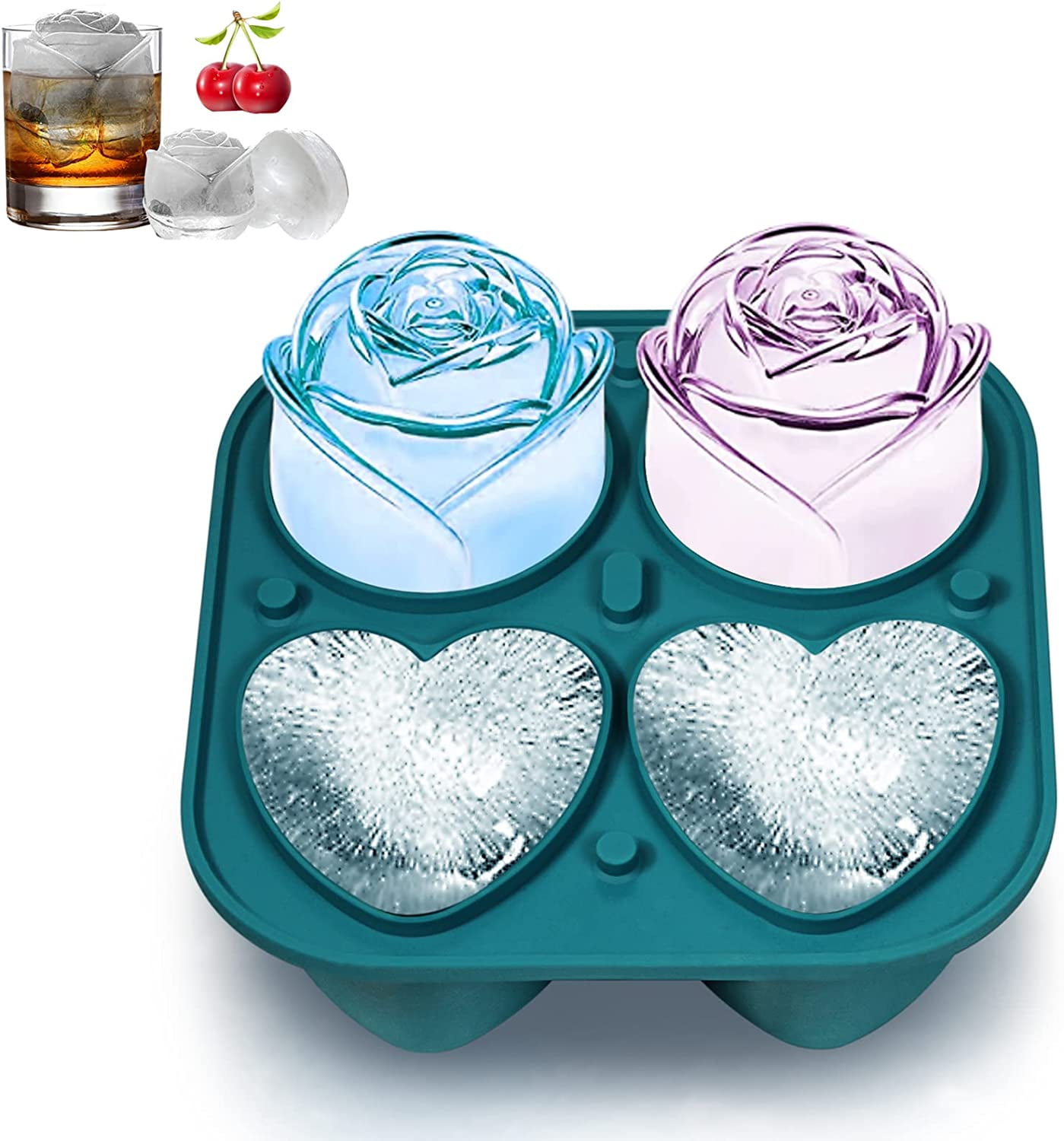 Ice Cube Tray, 2.5inch Rose & 3D Love Heart Ice Molds, 2 Big Rose & 2 ...
