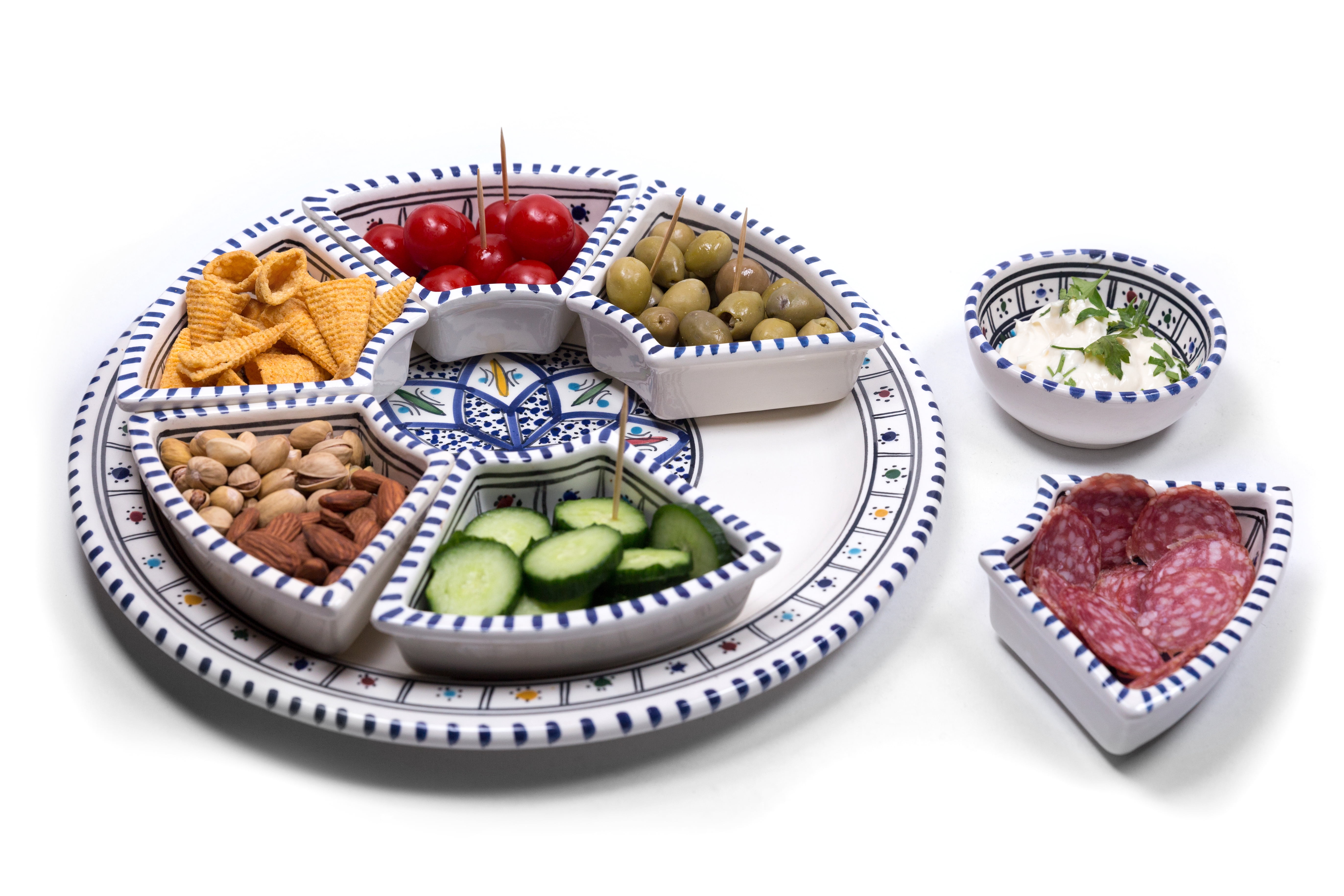 Kamsah 8 Piece Round Dippers Plate Set Serving Platter Custom Hand Kamsah 8 Piece Round Dippers Plate Set Serving Platter Custom Hand