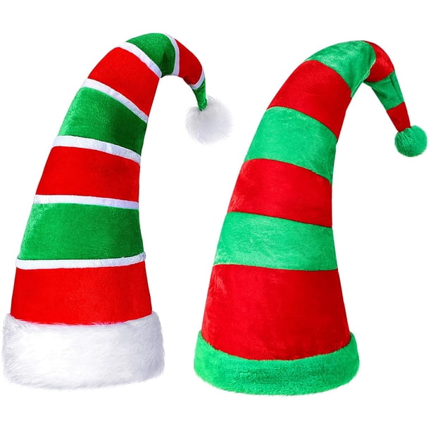 2 Pieces Long Striped Christmas Hats Faux Fur Santa Elf Hat Santa Candy ...