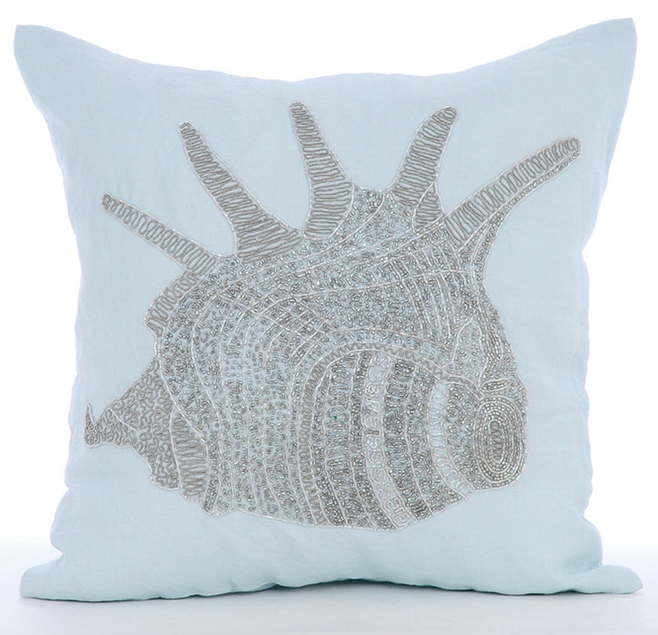 Pillow Case Zipper, Light Blue Shams, Beaded Sea Creatures Shells Sea ...
