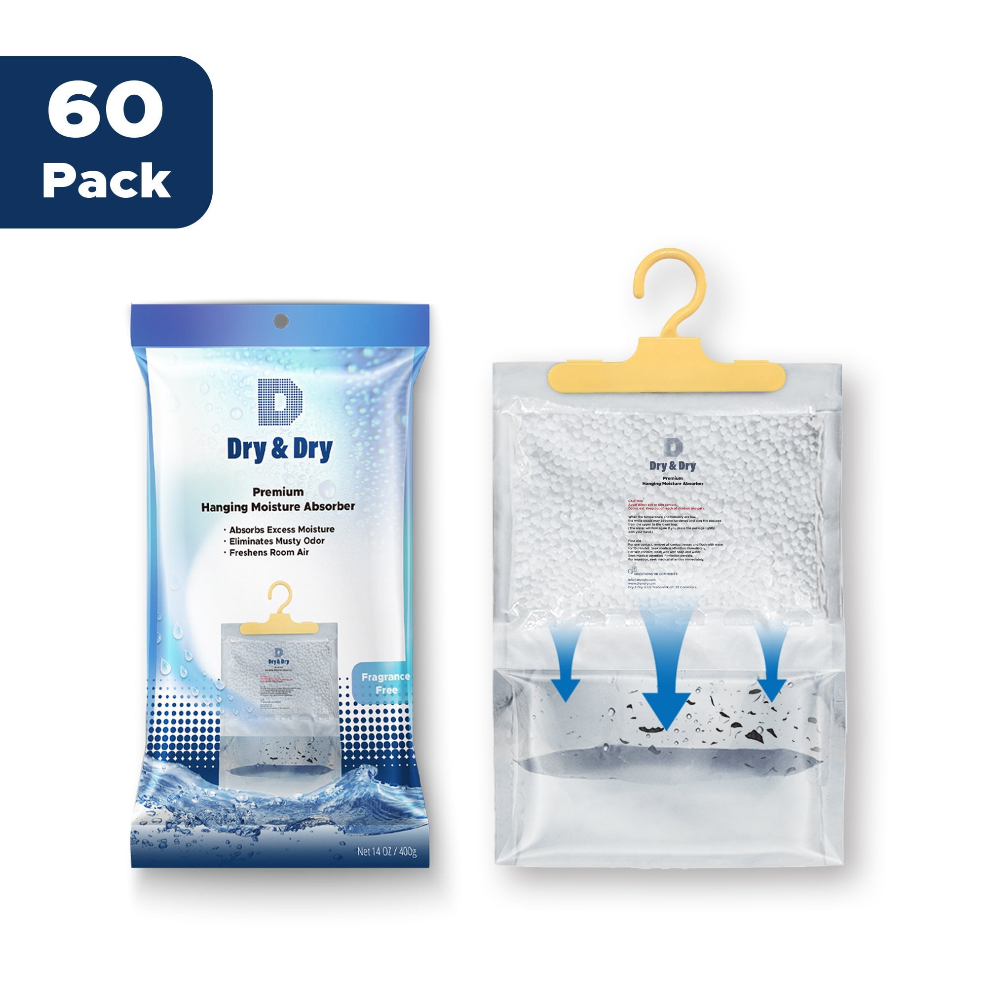 Dry & Dry [60 Packs [Net 14 Oz/Pack] Hanging Bag Moisture Absorber to ...