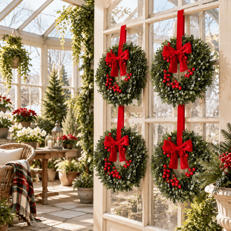6 Pack 11.81 Inch Artificial Boxwood Christmas Wreath With Red Ribbon ...