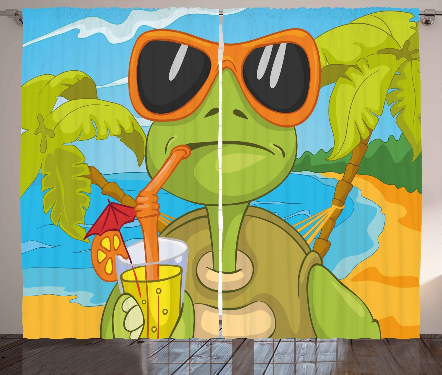 Turtle Curtains 2 Panels Set, Cool Sea Turtle with Sunglasses Drinking ...