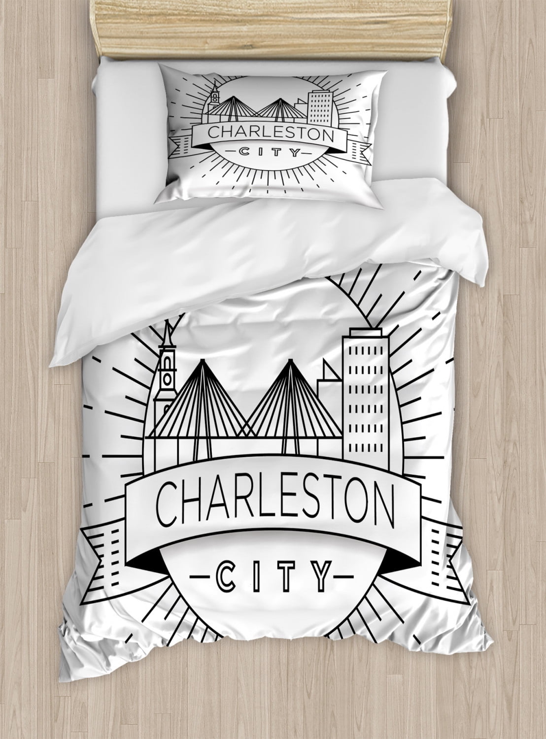 Charleston Duvet Cover Set Twin Size, Minimal City Skyline with Dashed ...