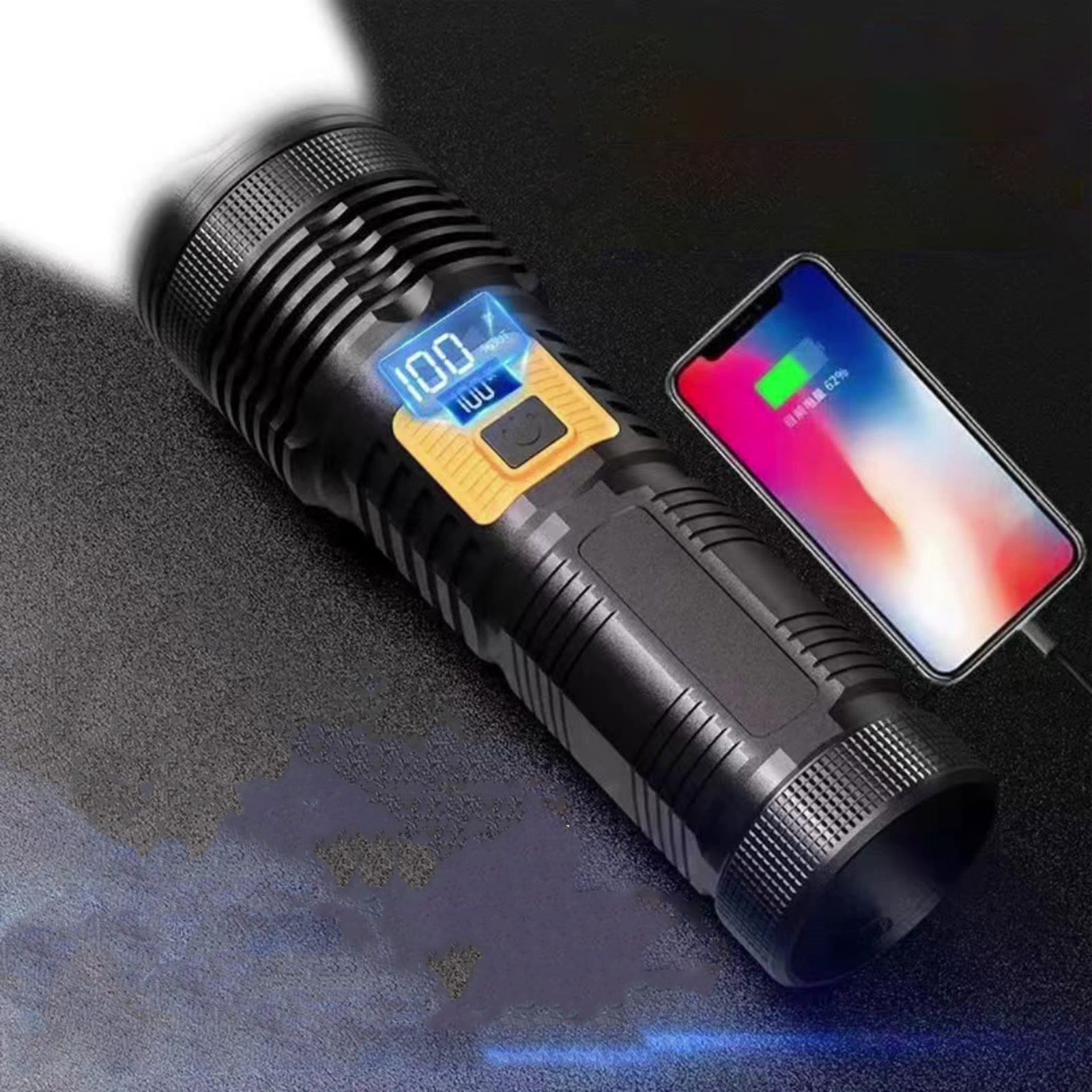 Linterna telescópica recargable | Luz blanca y amarilla | P50+COB | Carga USB-C | Pantalla de ...