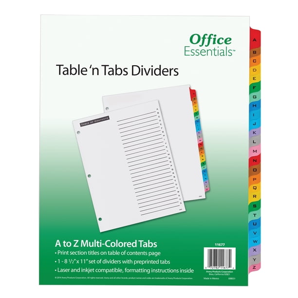 Office Essentials Table & Tabs Dividers with Multicolor Tabs, "A-Z" Tab ...