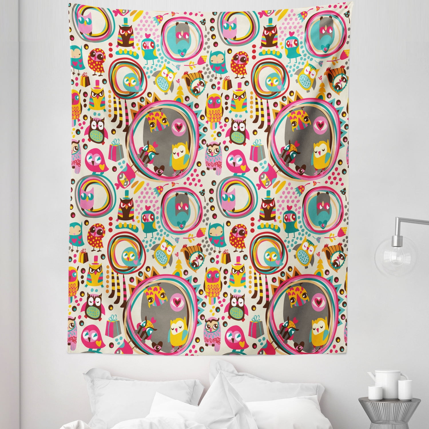 Owl Tapestry, Cartoon Style Funny Avian Animals Design with Colorful ...