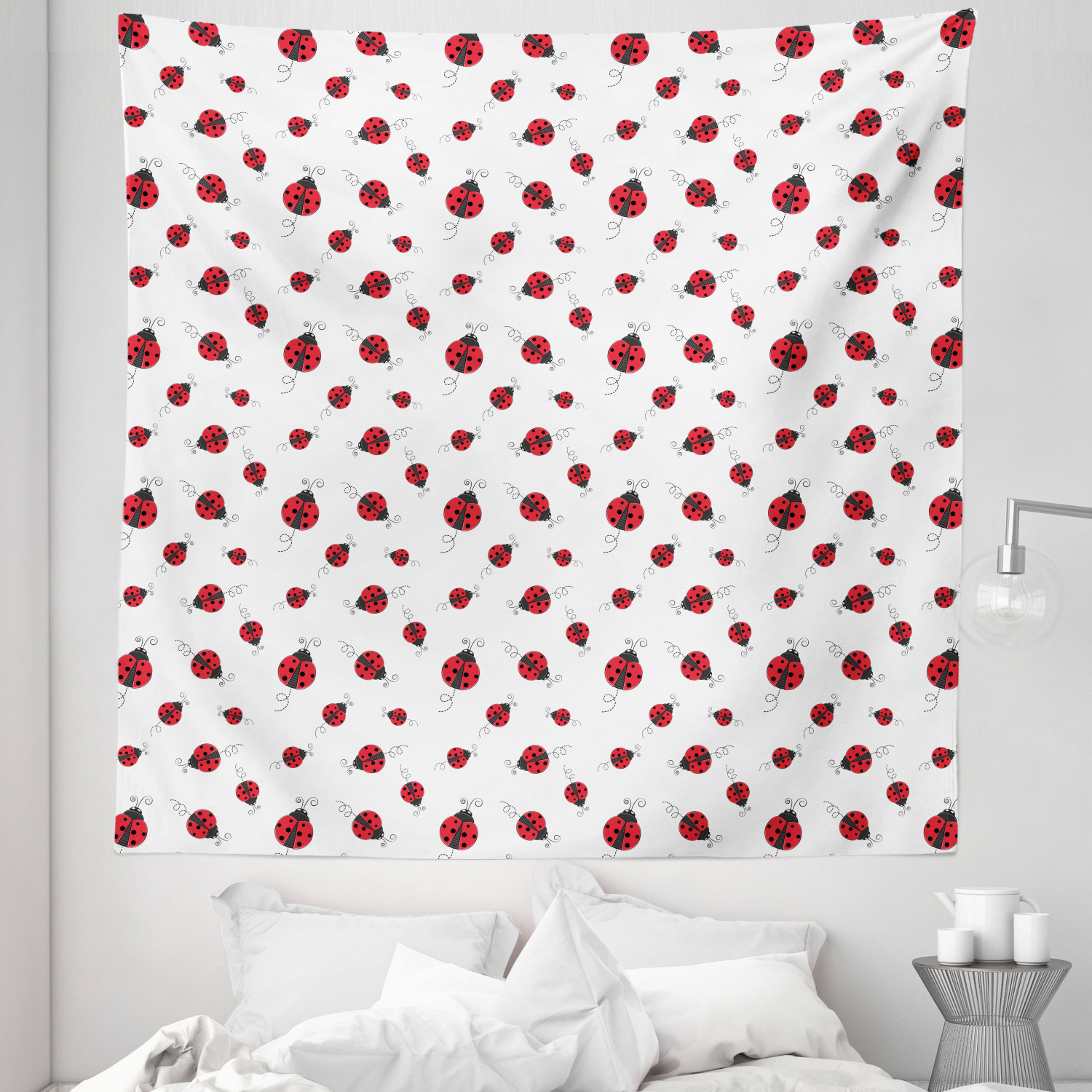 Ladybugs Tapestry, Ladybug Dotted Wings Swirls and Curves Pattern ...