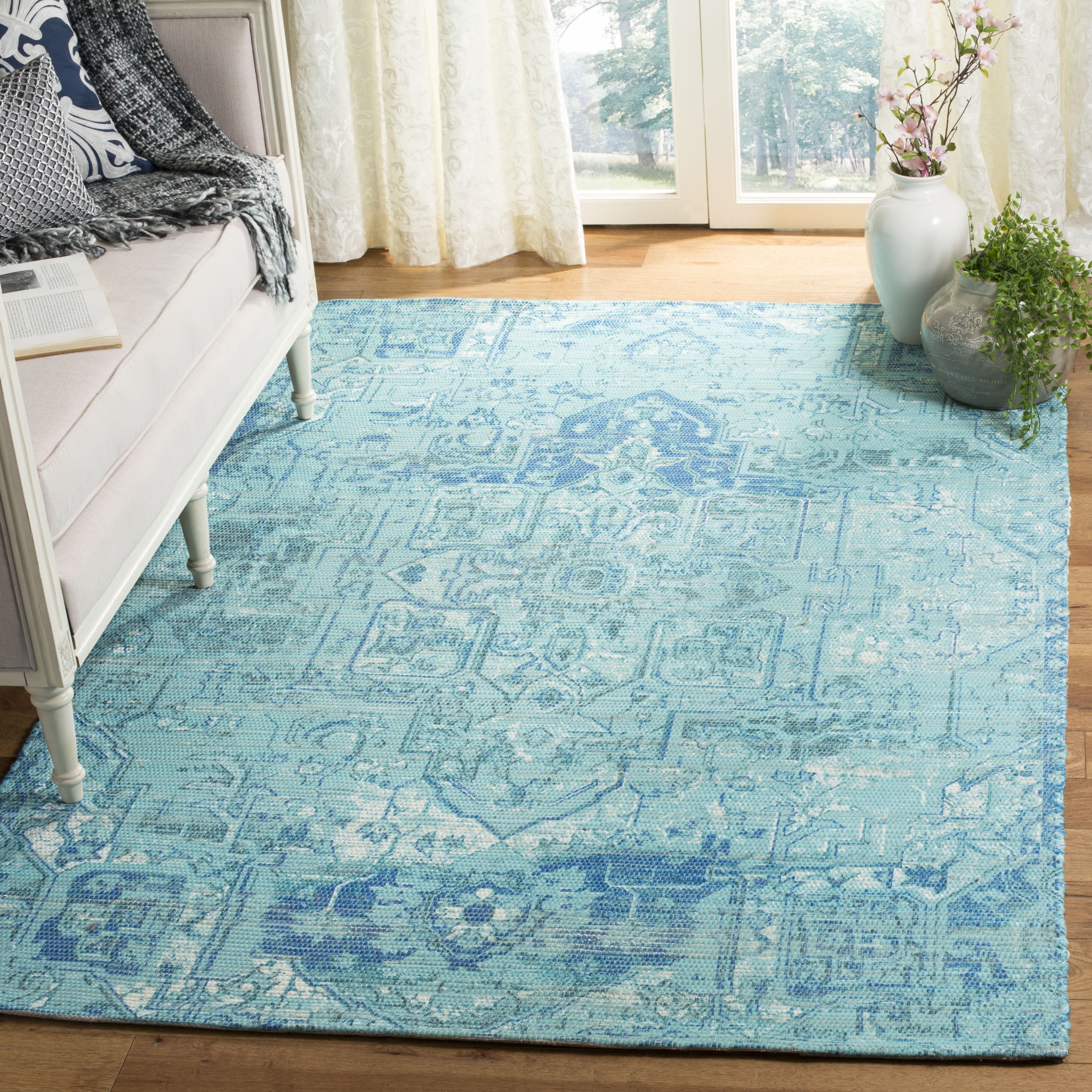 SAFAVIEH Saffron Erksine Geometric Polyester Area Rug, Aqua/Blue, 4' x ...