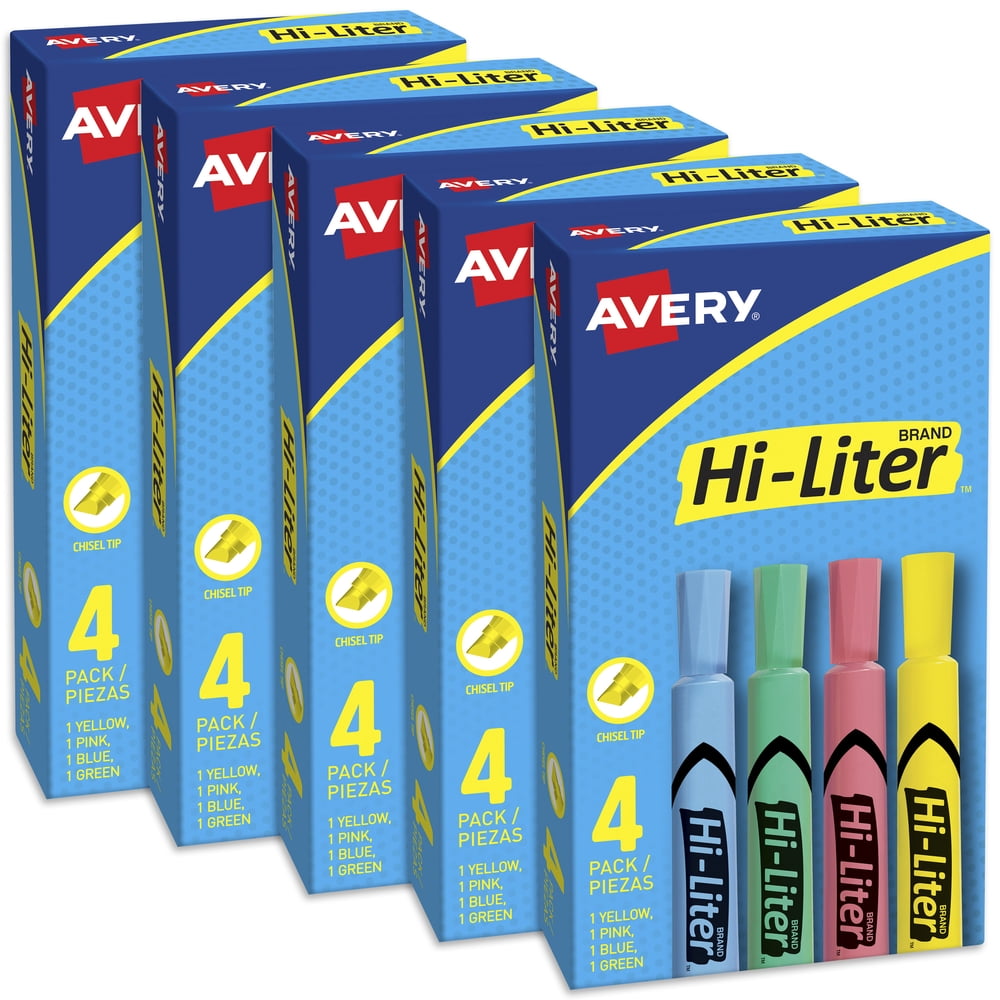 Avery Desk-Style Highlighters, 4 Assorted Colors Per Pack, 5 Packs, 20 ...