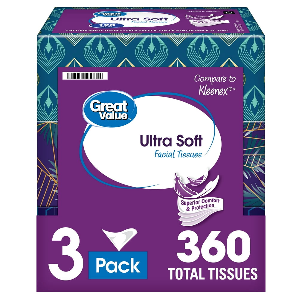 Great Value Ultra Soft Facial Tissues 3 Flat Boxes 360 Total Tissues great-value-ultra-soft-facial-tissues-3-flat-boxes-360-total-tissues