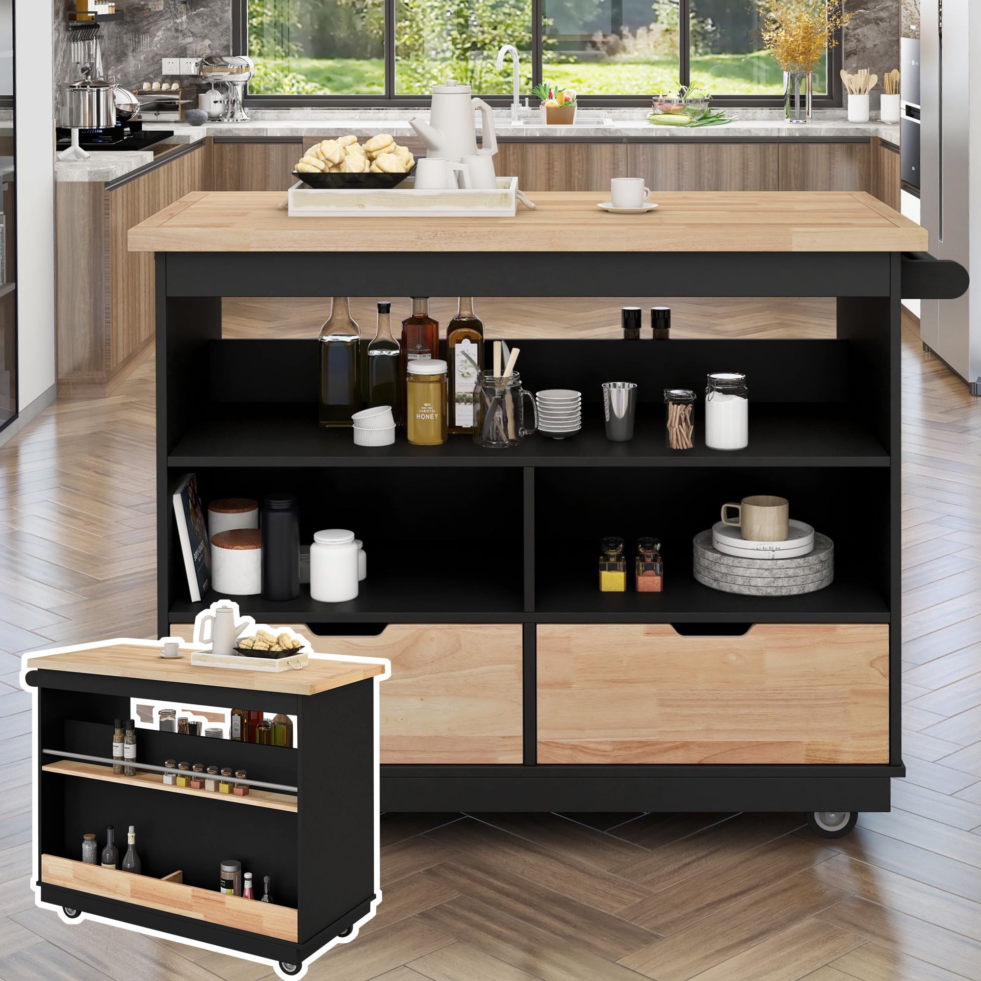 Black Kitchen Cart on Wheels with Solid Wood Top, Utility Kitchen ...