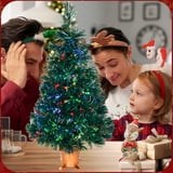 YUETJIN 32-Inch Pre-Lit Fiber Optic Tabletop Christmas Tree with LED Lights, Gold Snowflake Base ...