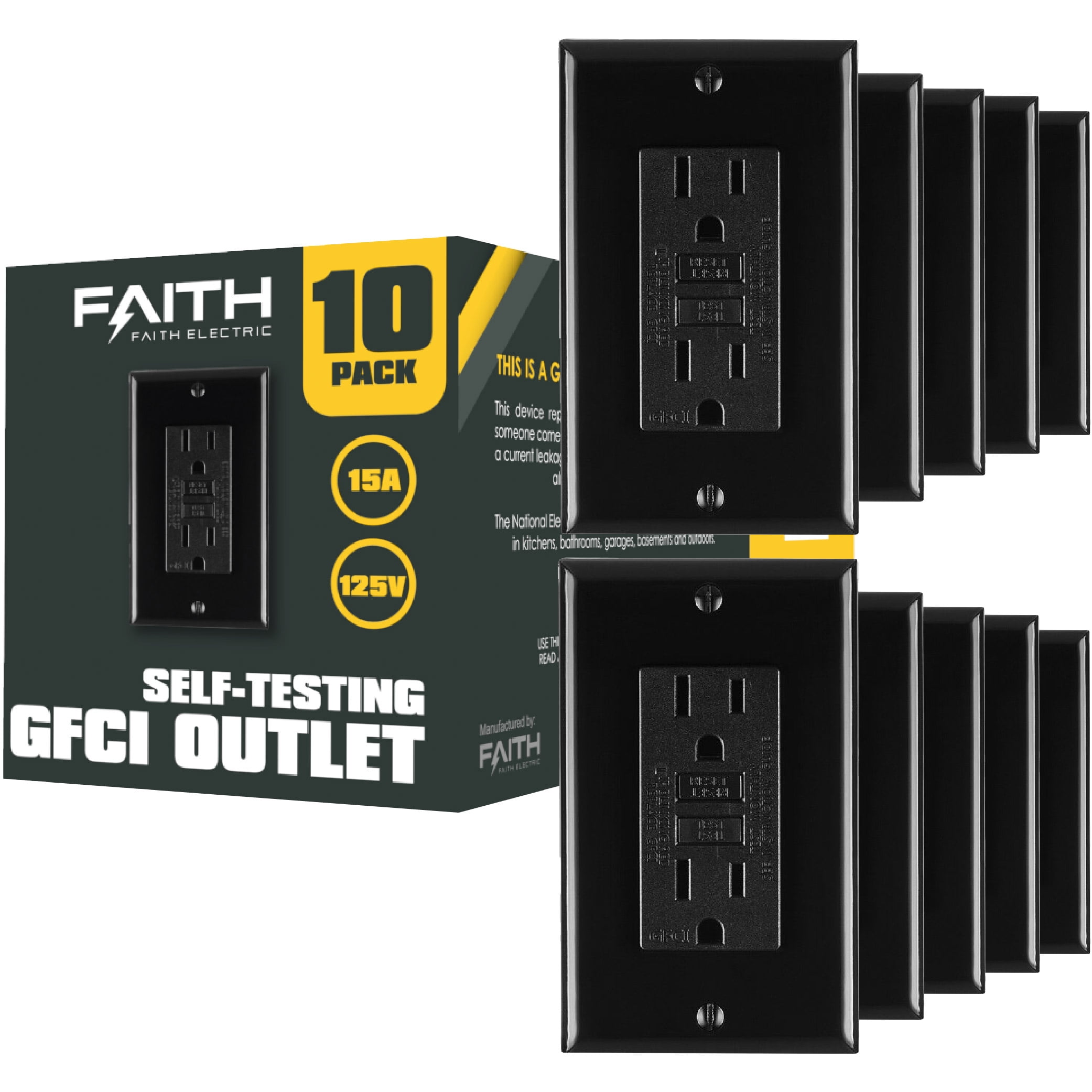 Faith [10-Pack] 15A GFCI Outlets Slim, Non-Tamper-Resistant GFI Duplex ...
