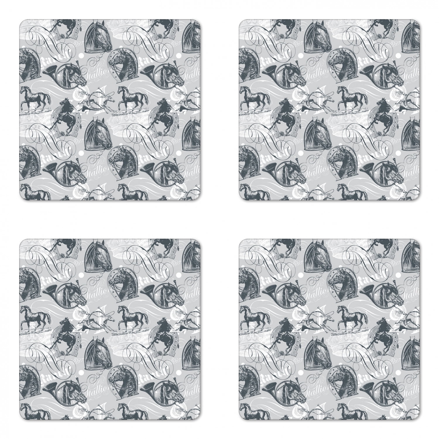 Grey Coaster Set of 4, Different Kind of Nostalgic Gentle Horses on ...