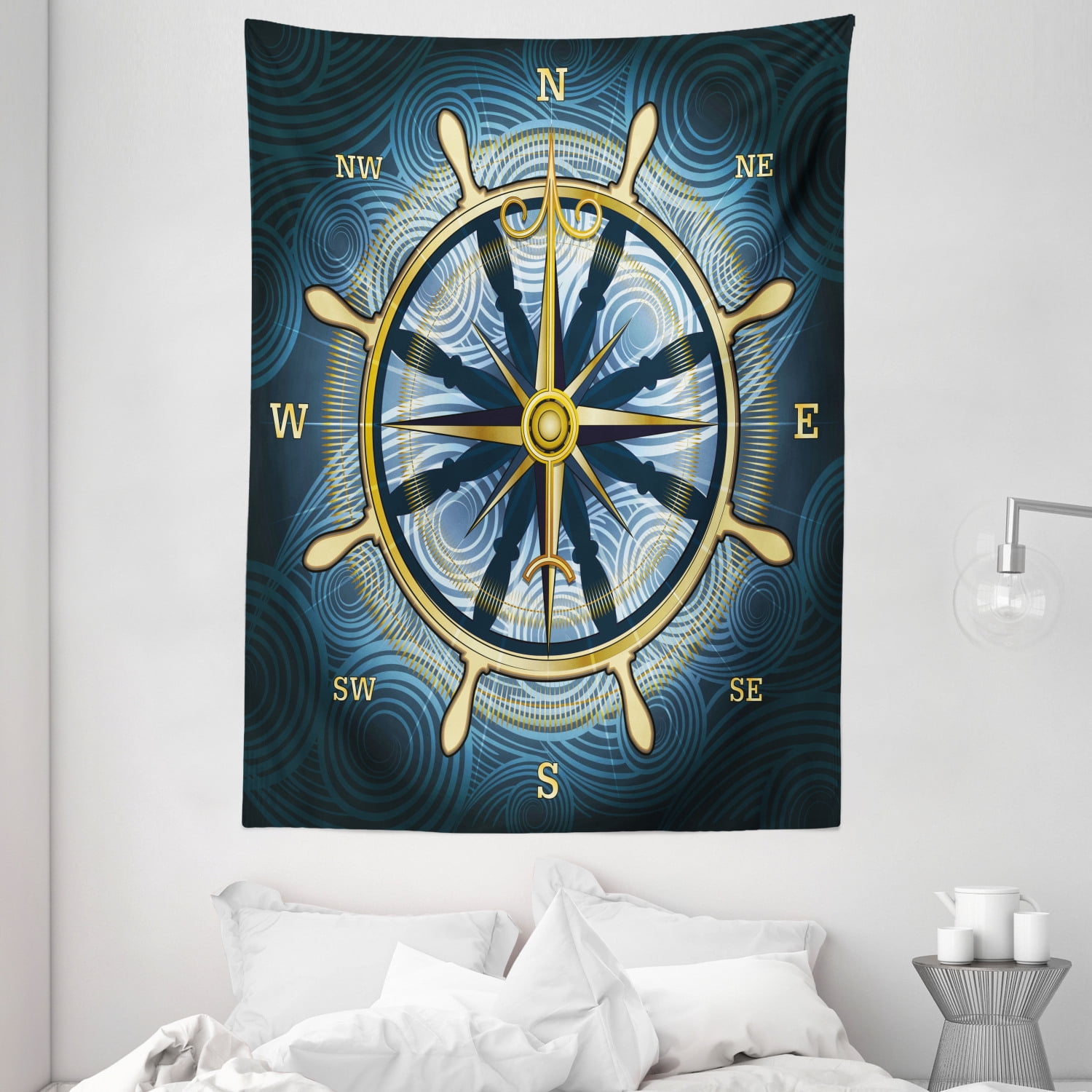 Compass Tapestry, Navigation Theme Compass with Windrose and Helm on a ...