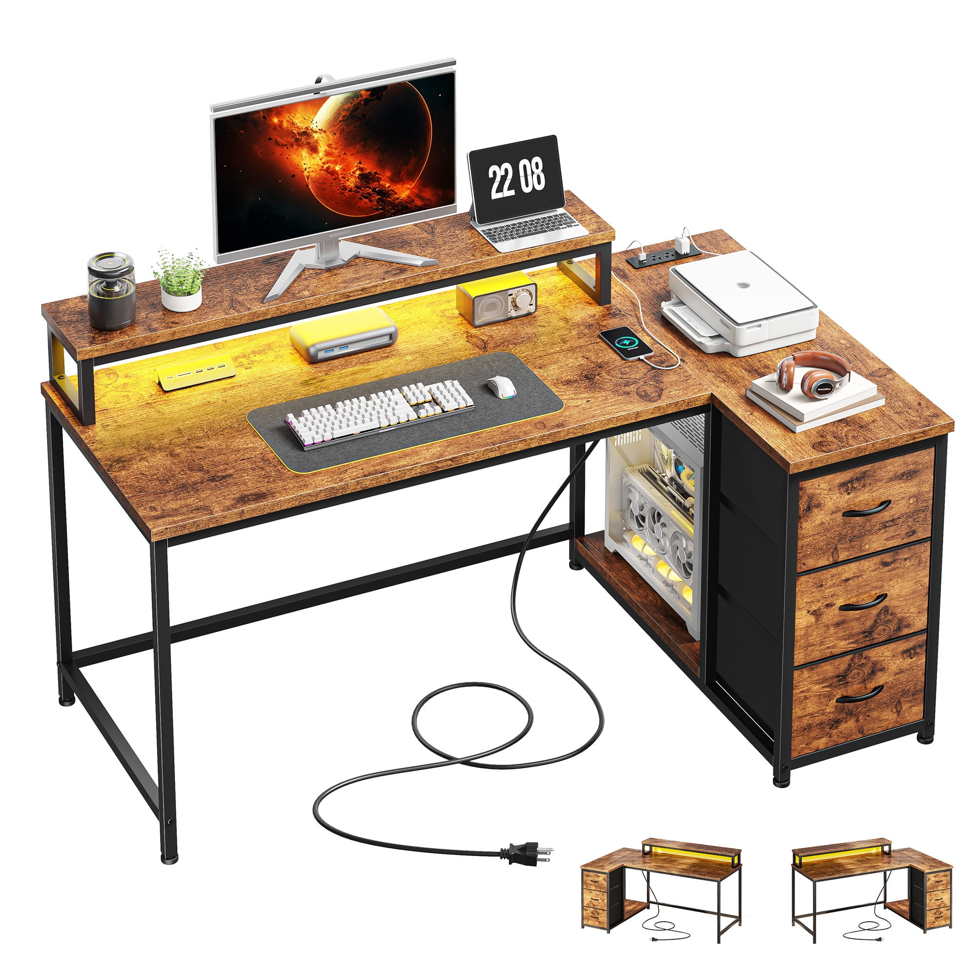 Exenoray L-Shaped Computer Desk with 3 Fabric Drawers, LED Light ...