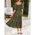 Army Green Womens Square Neck Puffed Sleeve Tiered A-Line Midi Dress ...