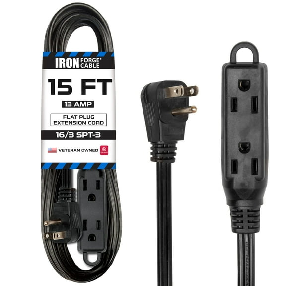 Iron Forge Cable 15 ft Flat Plug Black Extension Cord with 3 Outlets ...