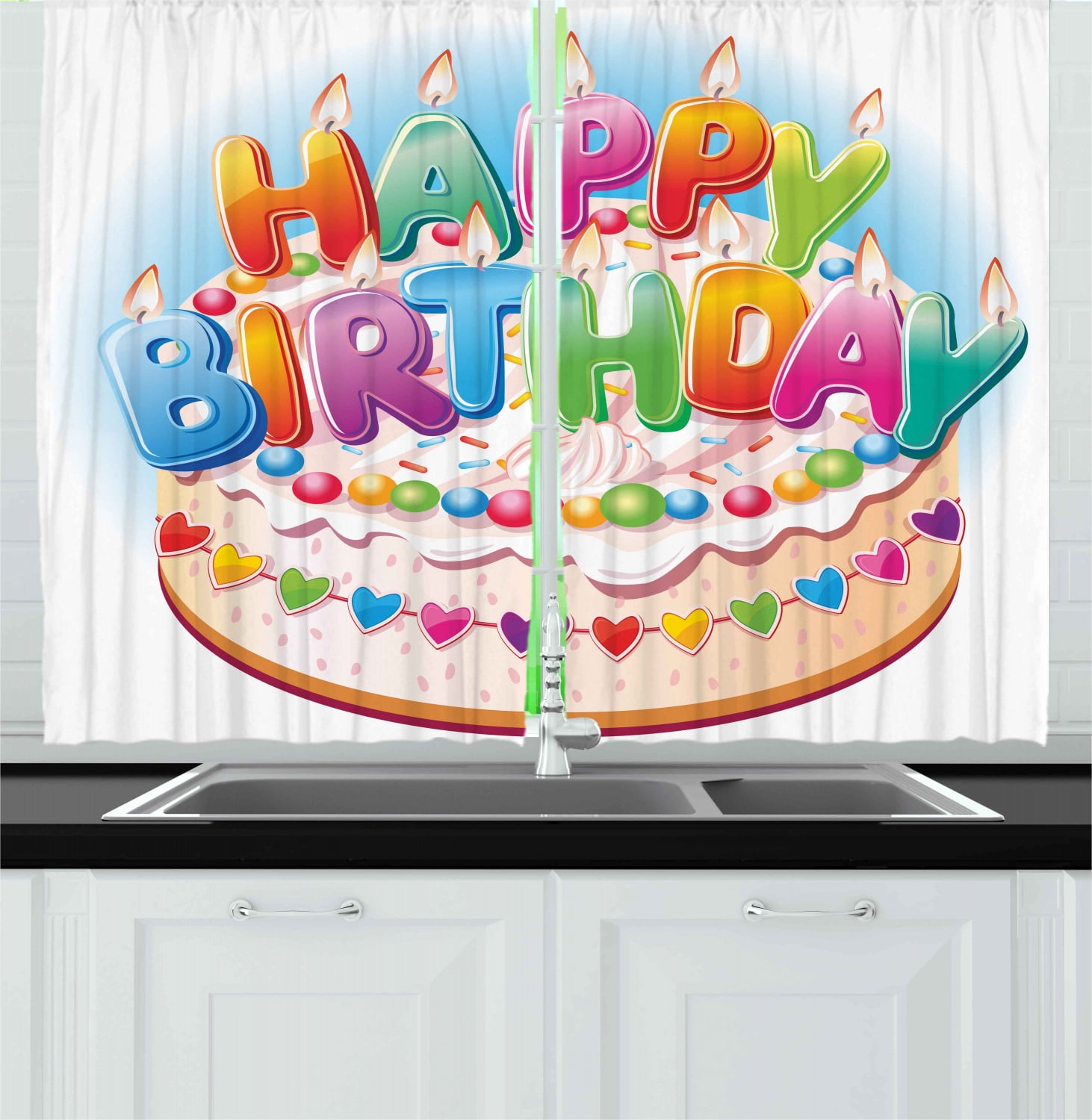 Kids Birthday Curtains 2 Panels Set, Cartoon Style Happy Birthday Party ...