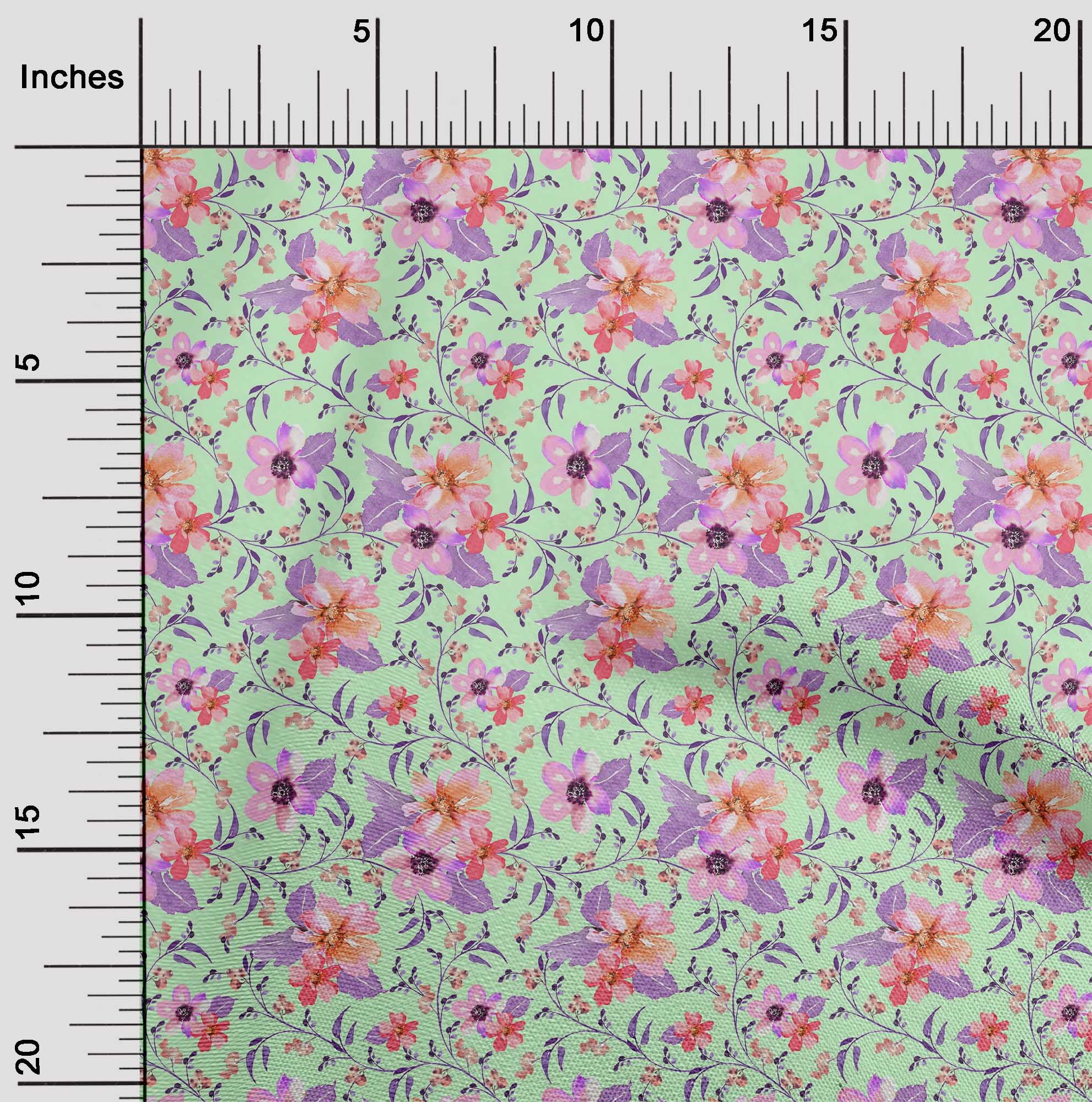 oneOone Silk Tabby Fabric Watercolor Leaves & Flower Floral Print ...