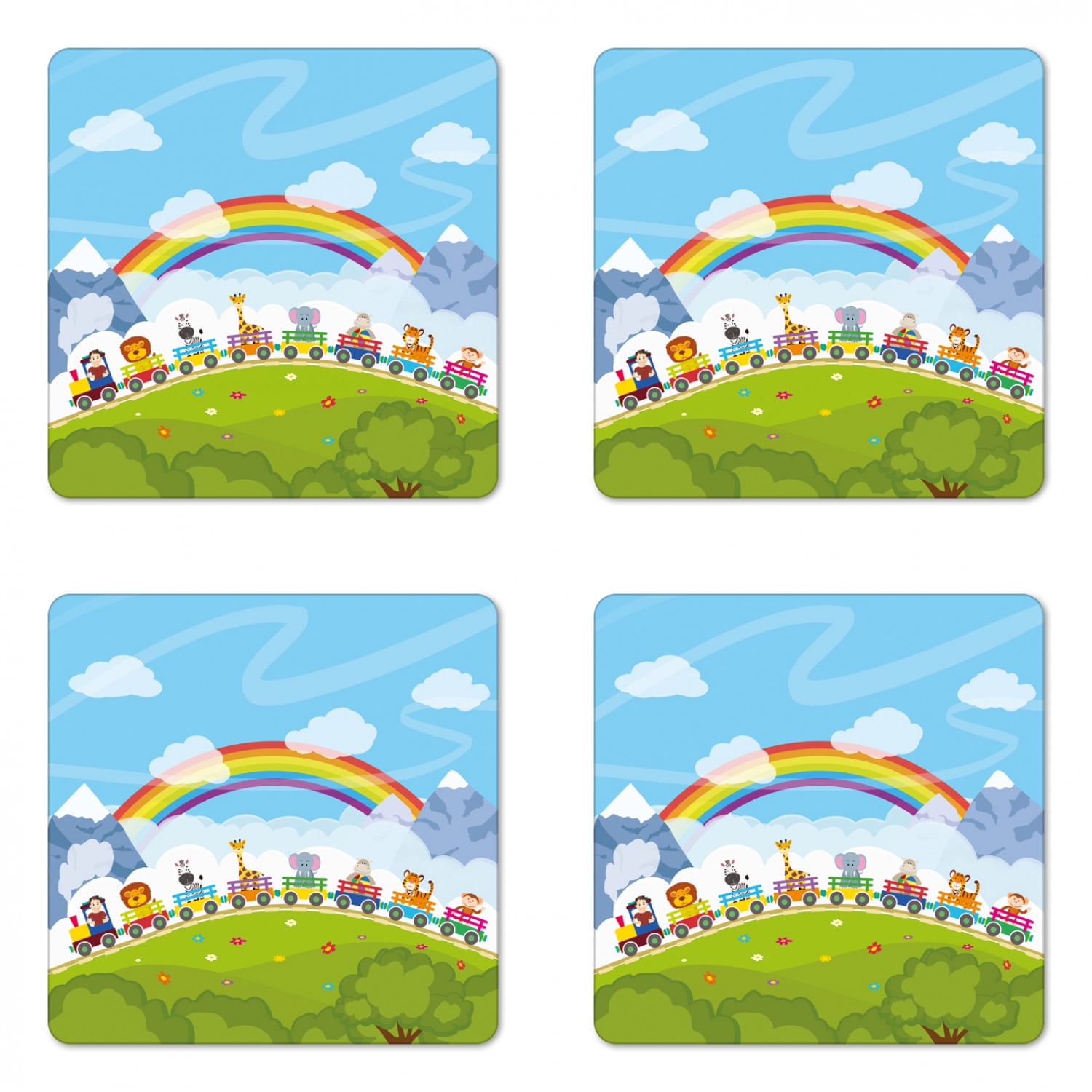 Nursery Coaster Set of 4, Cartoon Railway Train with Various Animals ...