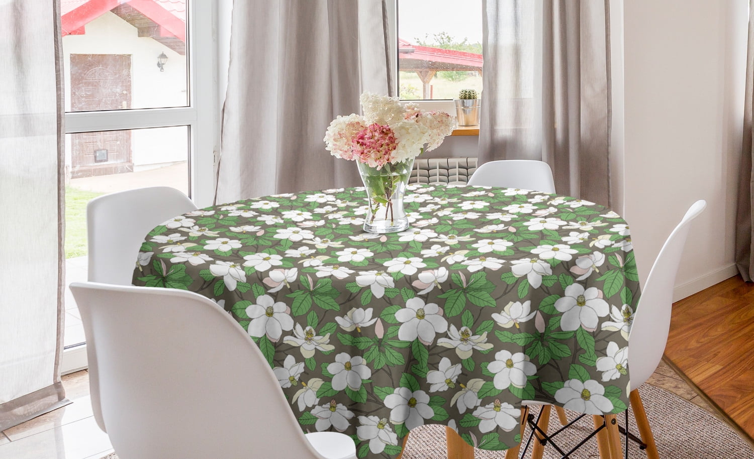 Floral Round Tablecloth, Magnolia Flower Bouquets Blooming Petals ...