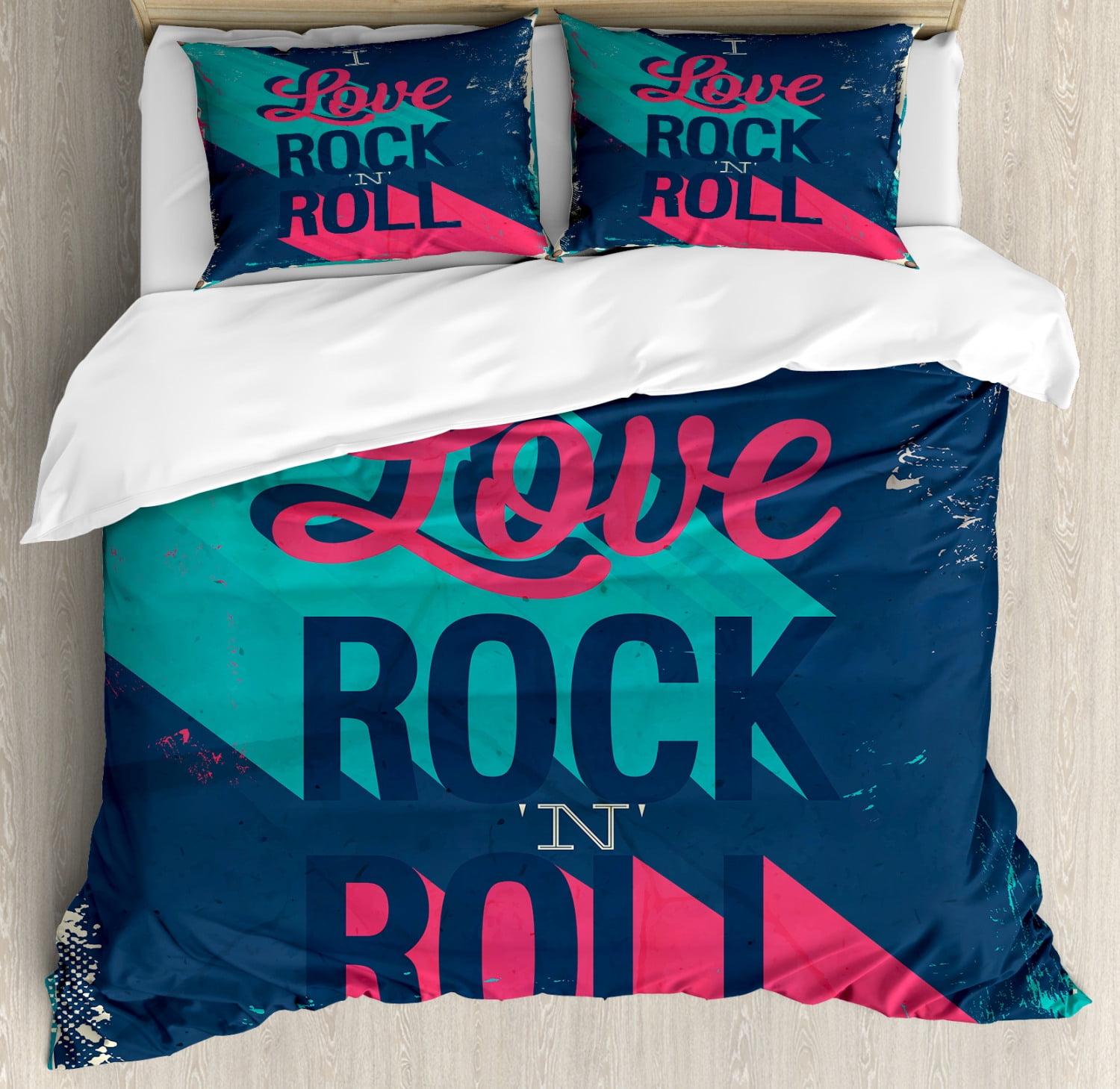 Rock Music Duvet Cover Set Queen Size, Vintage I Love Rock and Roll ...