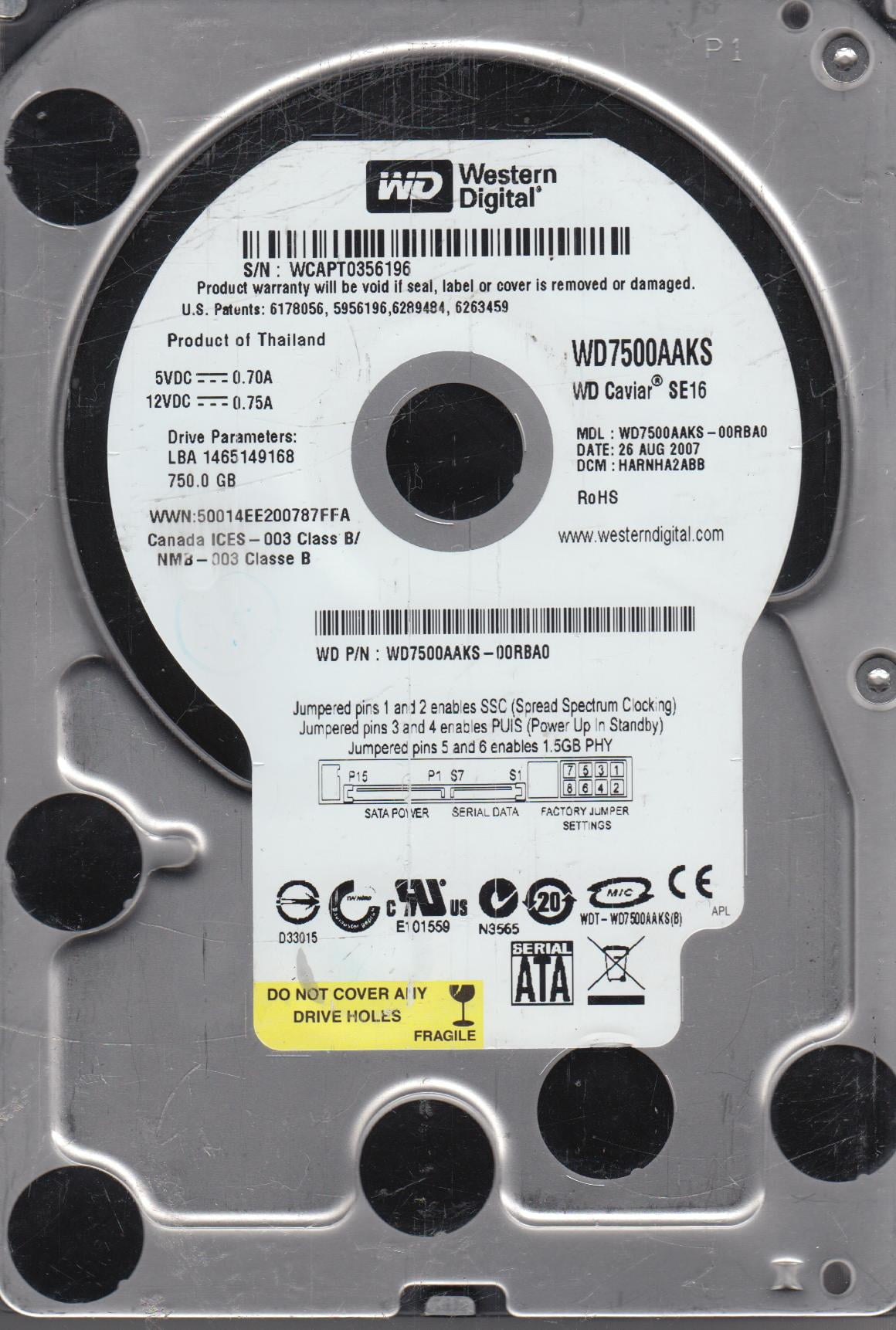 WD7500AAKS-00RBA0, DCM HARNHA2ABB, Western Digital 750GB SATA 3.5 Hard ...