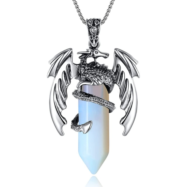 Dragon Pendant Necklace for Men Women Cool Healing Crystal Stone Necklace Natural Gemstone Necklace Western Dragon Jewelry