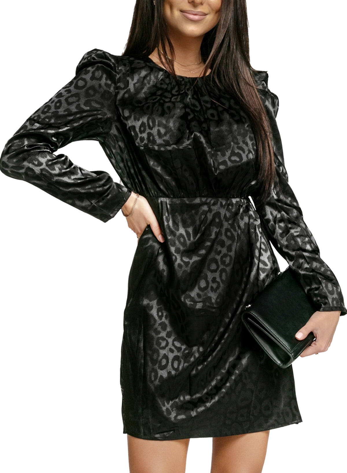 Rosfancy Women Long Bubble Sleeve Pleated Satin Leopard Print Mini Prom