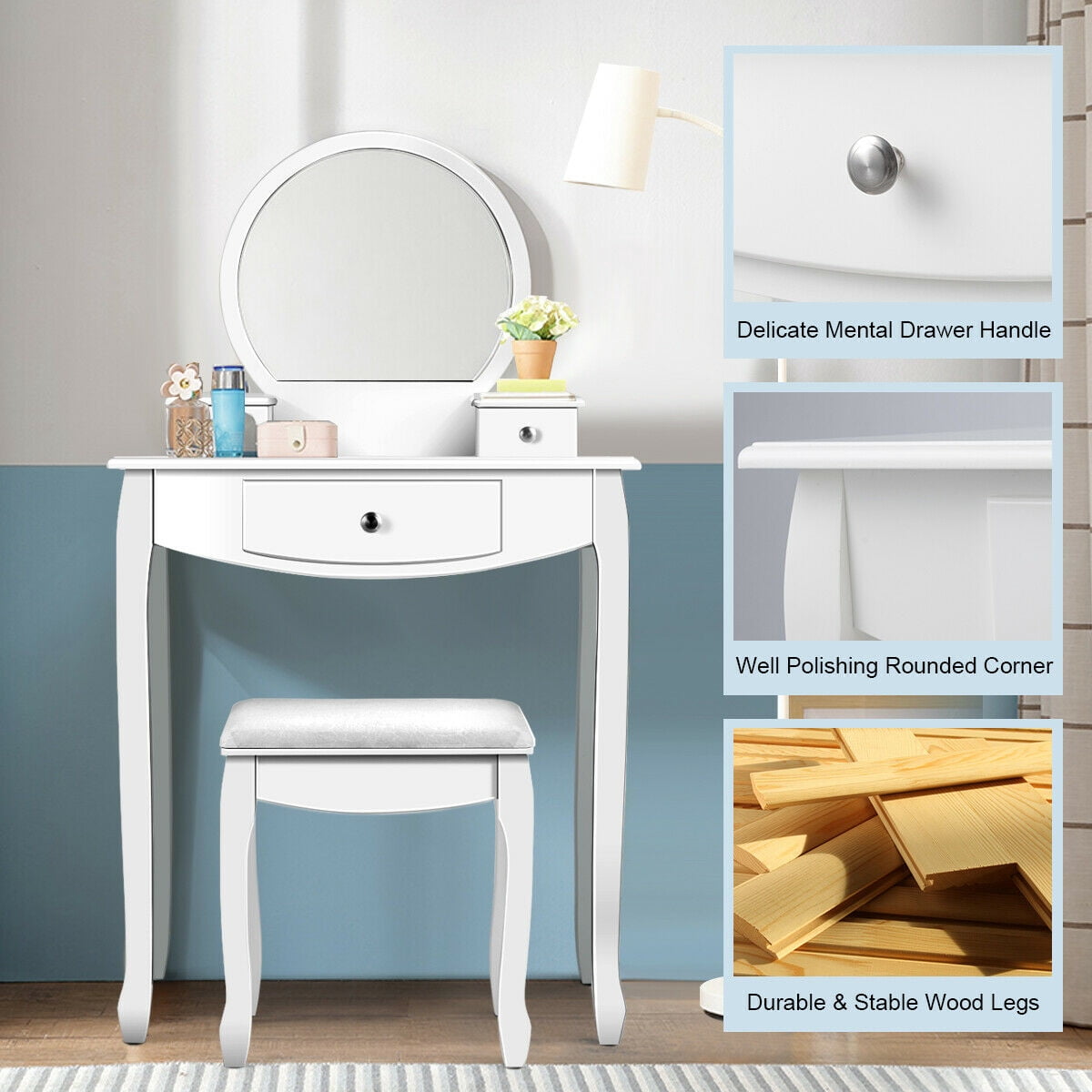 Costway Vanity Set W Oval Mirror 3 Drawers Girls Makeup Dressing