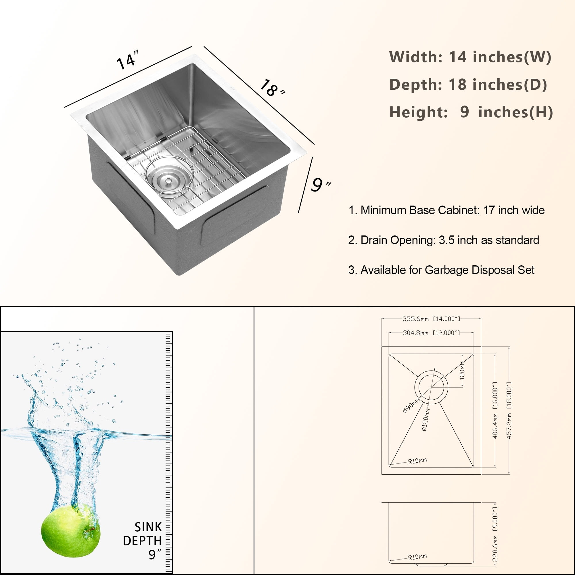 Buy 14 x 18 inch Undermount Deep Single Bowl 16 Gauge Stainless Steel ...