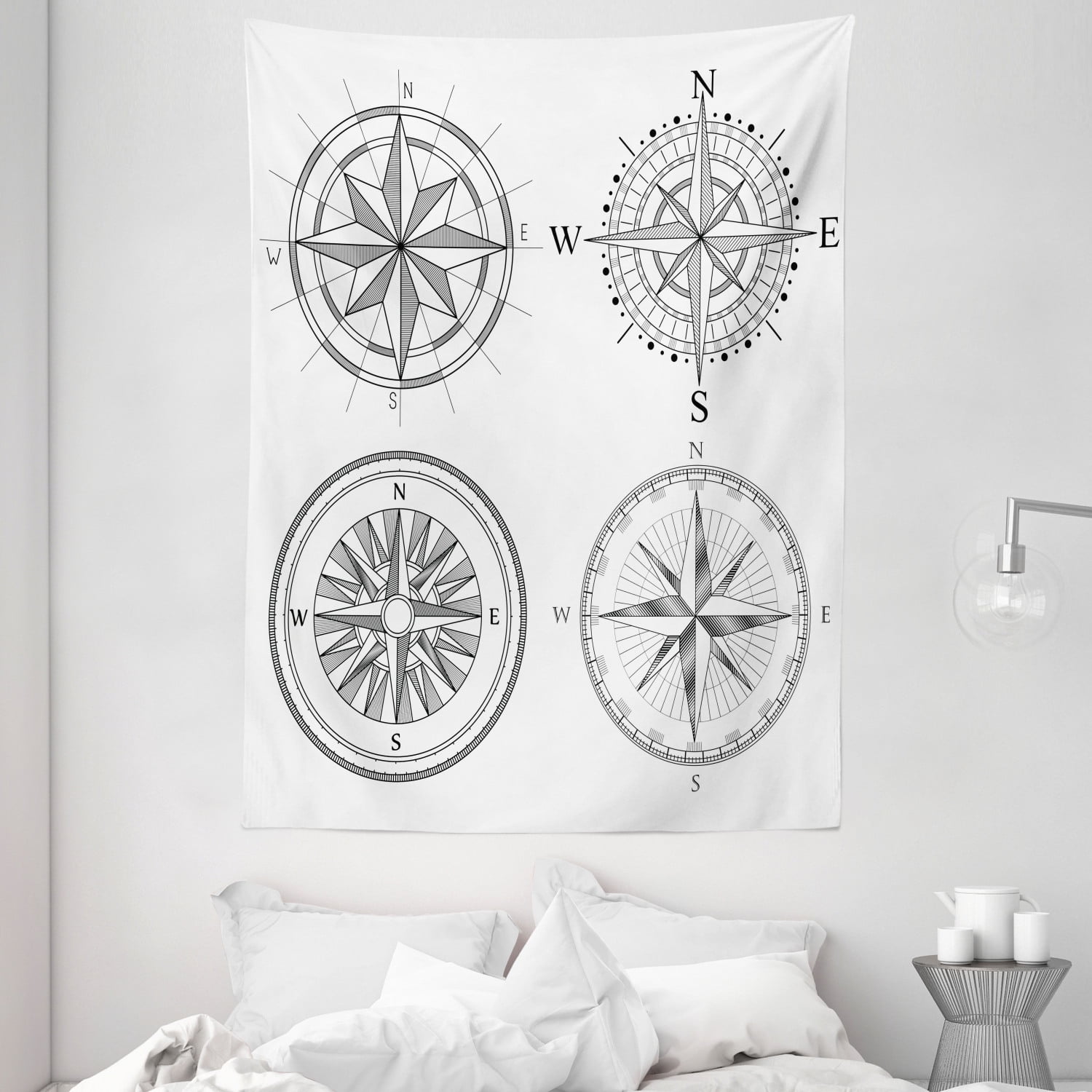 Compass Tapestry, Seafaring Design Windroses in Black and White Sailing ...