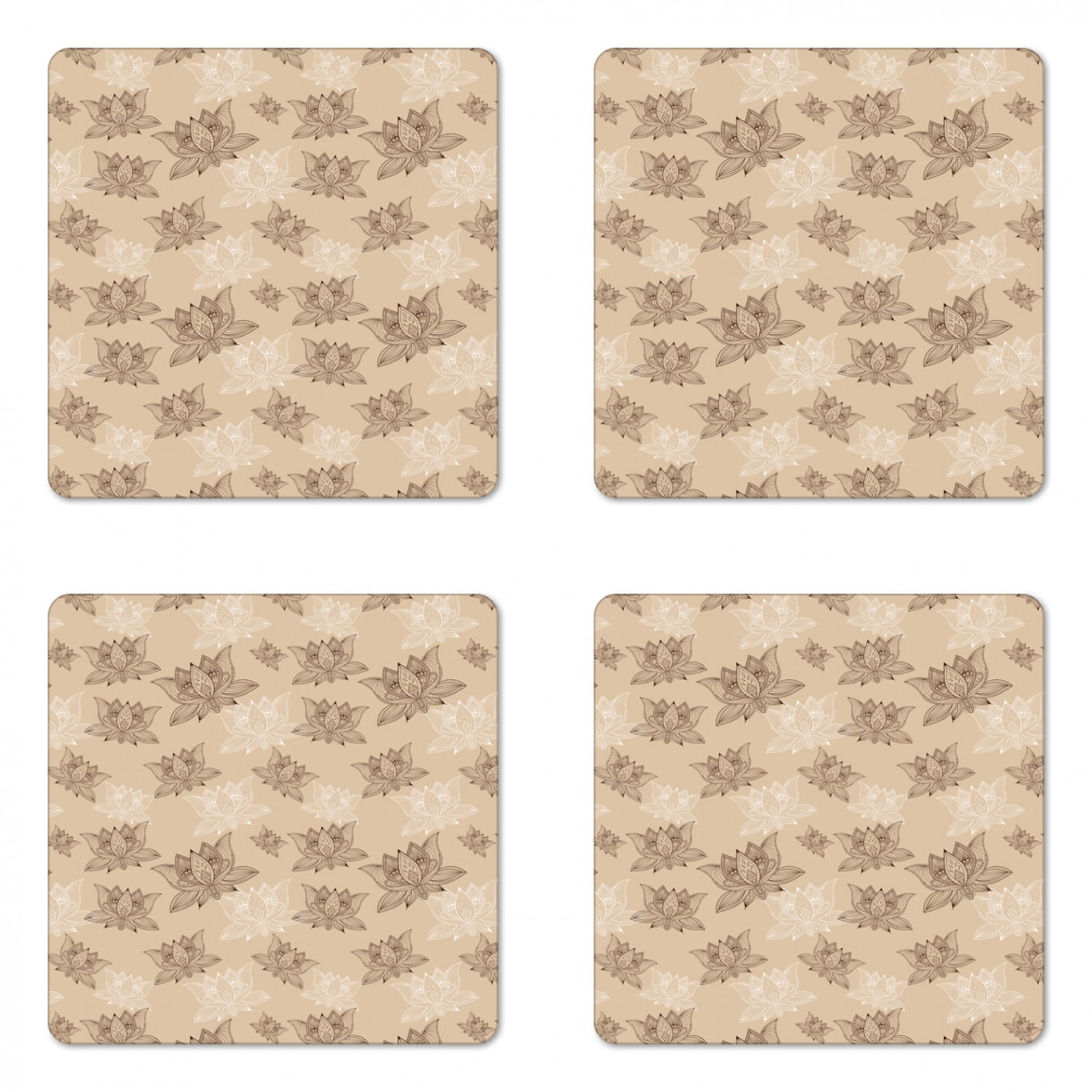 Oriental Coaster Set of 4, Vintage Inspired Asian Ornamental Zentangle Lotus Flower Boho Pattern ...