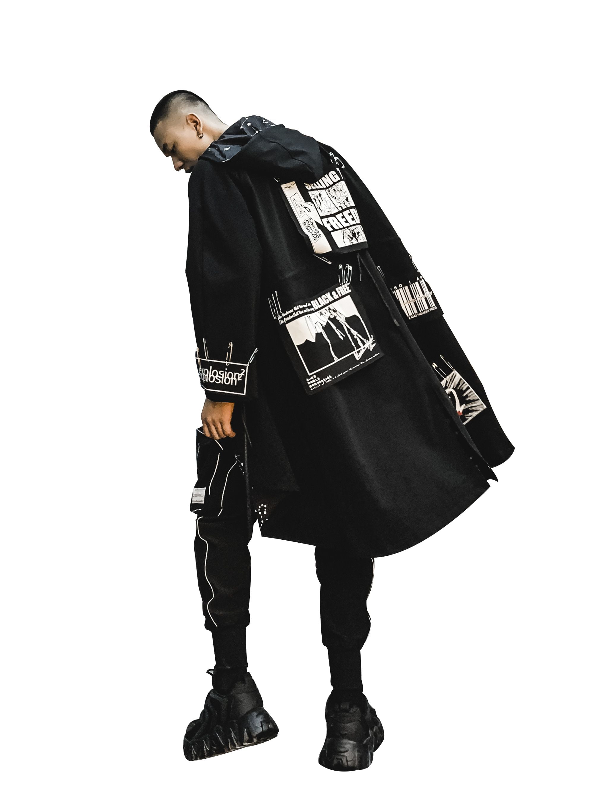 Niepce Inc Streetwear Urban Graphic Black Long Trench Coat (Men’s ...