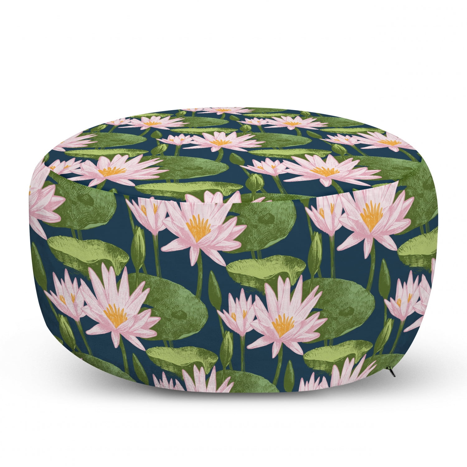 Lily Flower Pouf Cover with Zipper, Hand Drawn Style Pink Blossoms on a ...