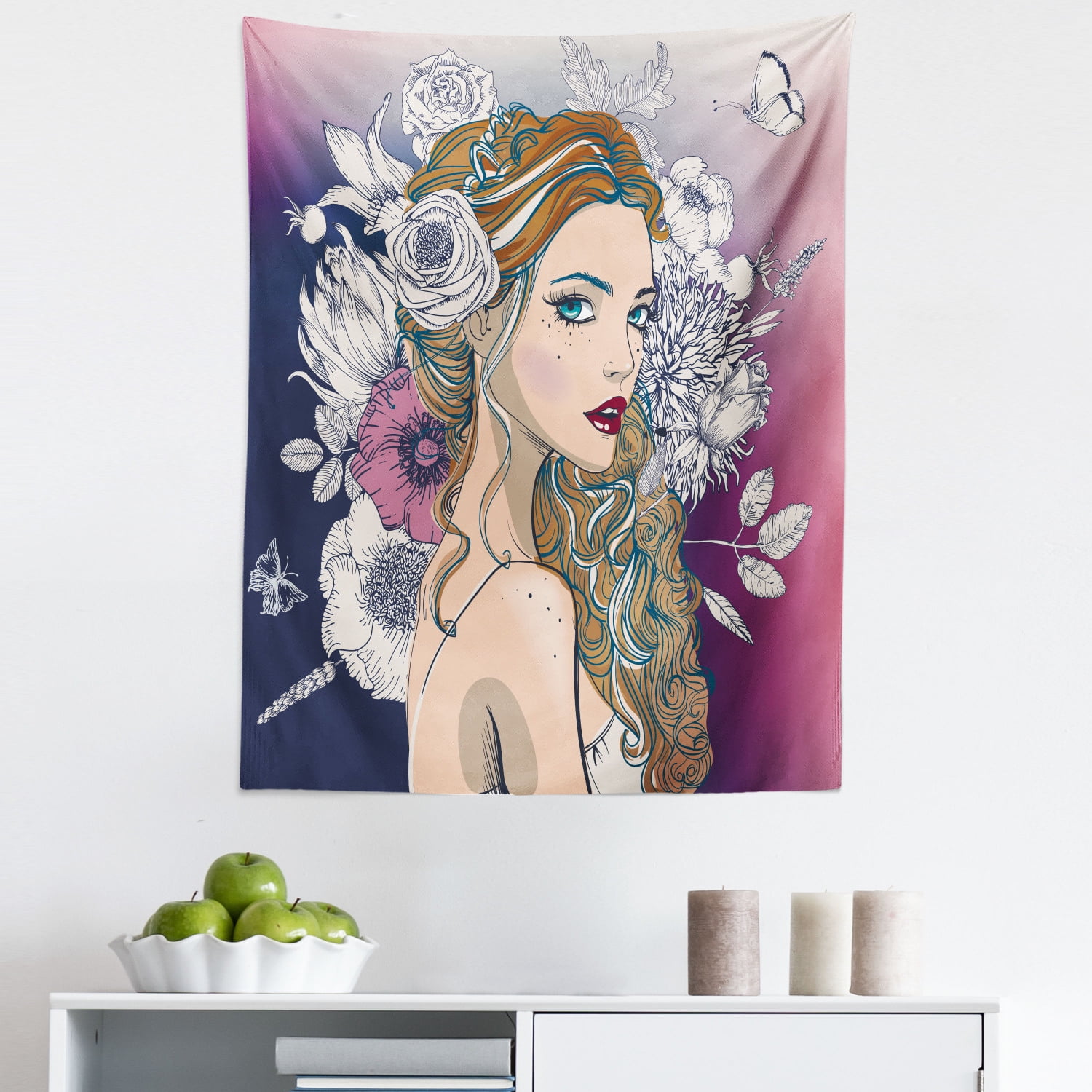 Women Tapestry, Brown Haired Lady with Wild Flower Blossoms on Pastel ...