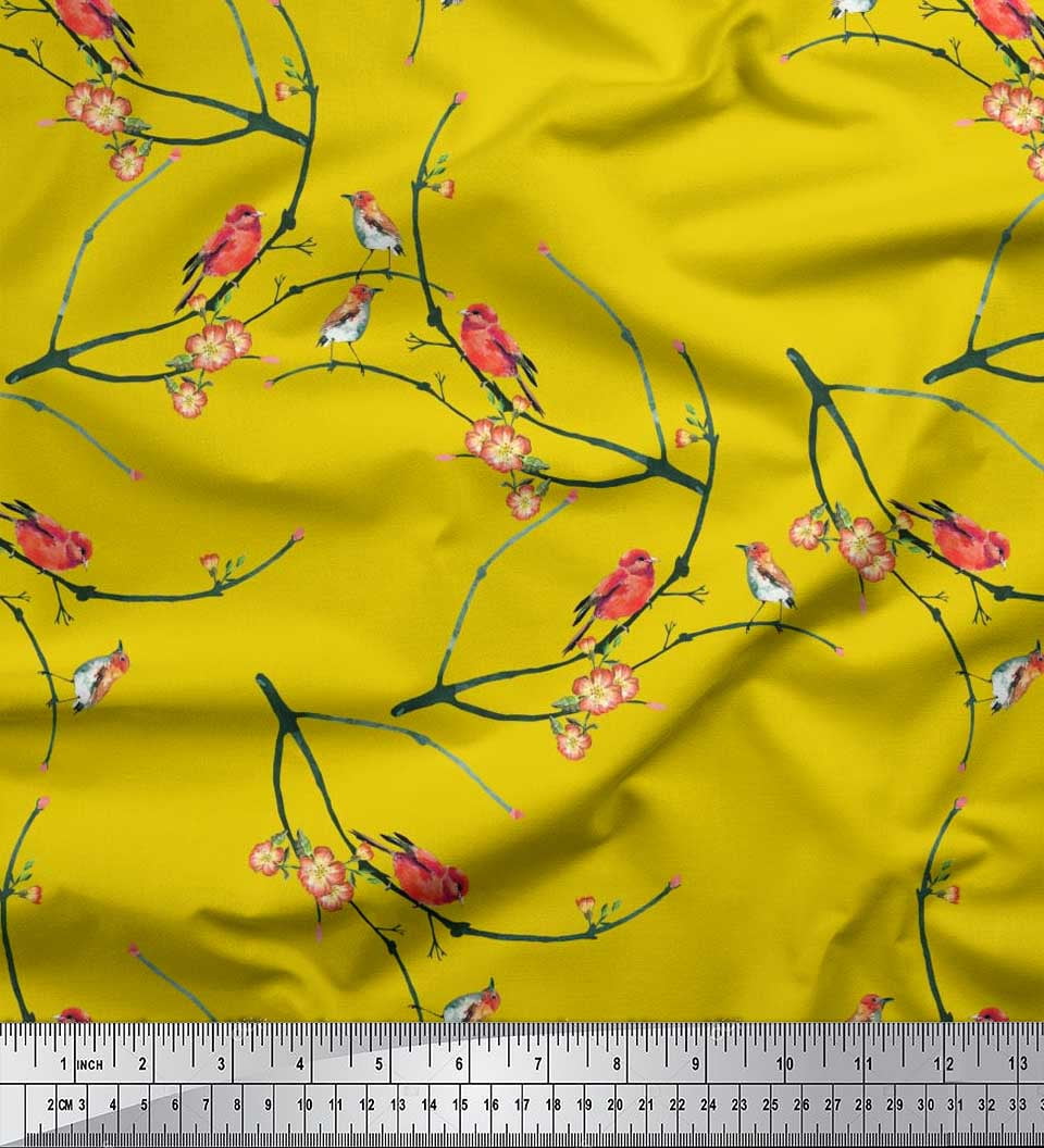 Soimoi Yellow Satin Silk Fabric Branch,Floral & American Robin Bird ...