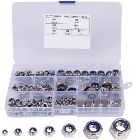 YDJKET Hex Nut, 170 Pieces Nylon Lock Nut Assortment Kit, Stainless ...