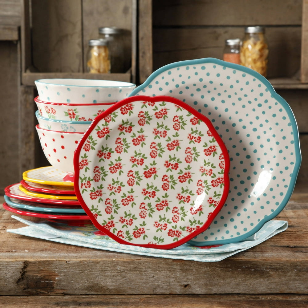 The Pioneer Woman Timeless Floral & Retro Dot 12-Piece Dinnerware Set ...