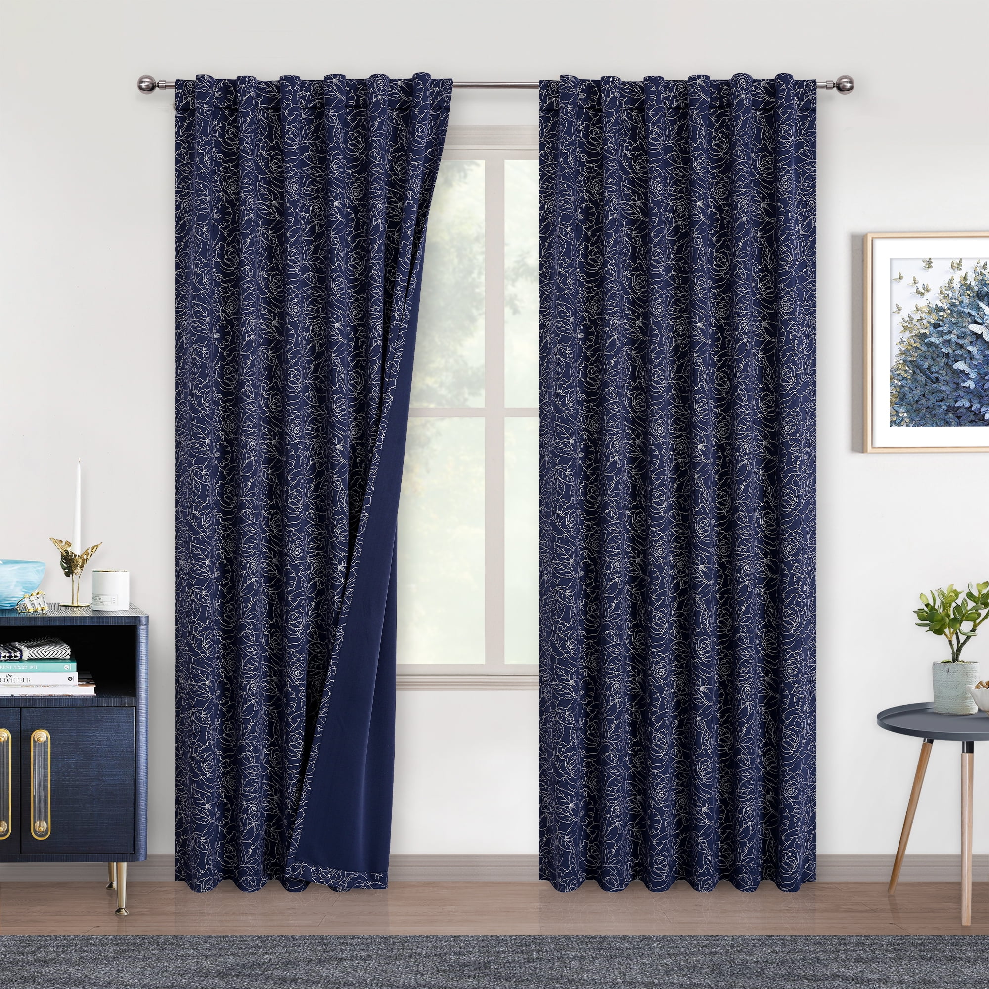 Fragrantex Blue Floral Thermal Insulated Blackout Curtains 84 Inch ...