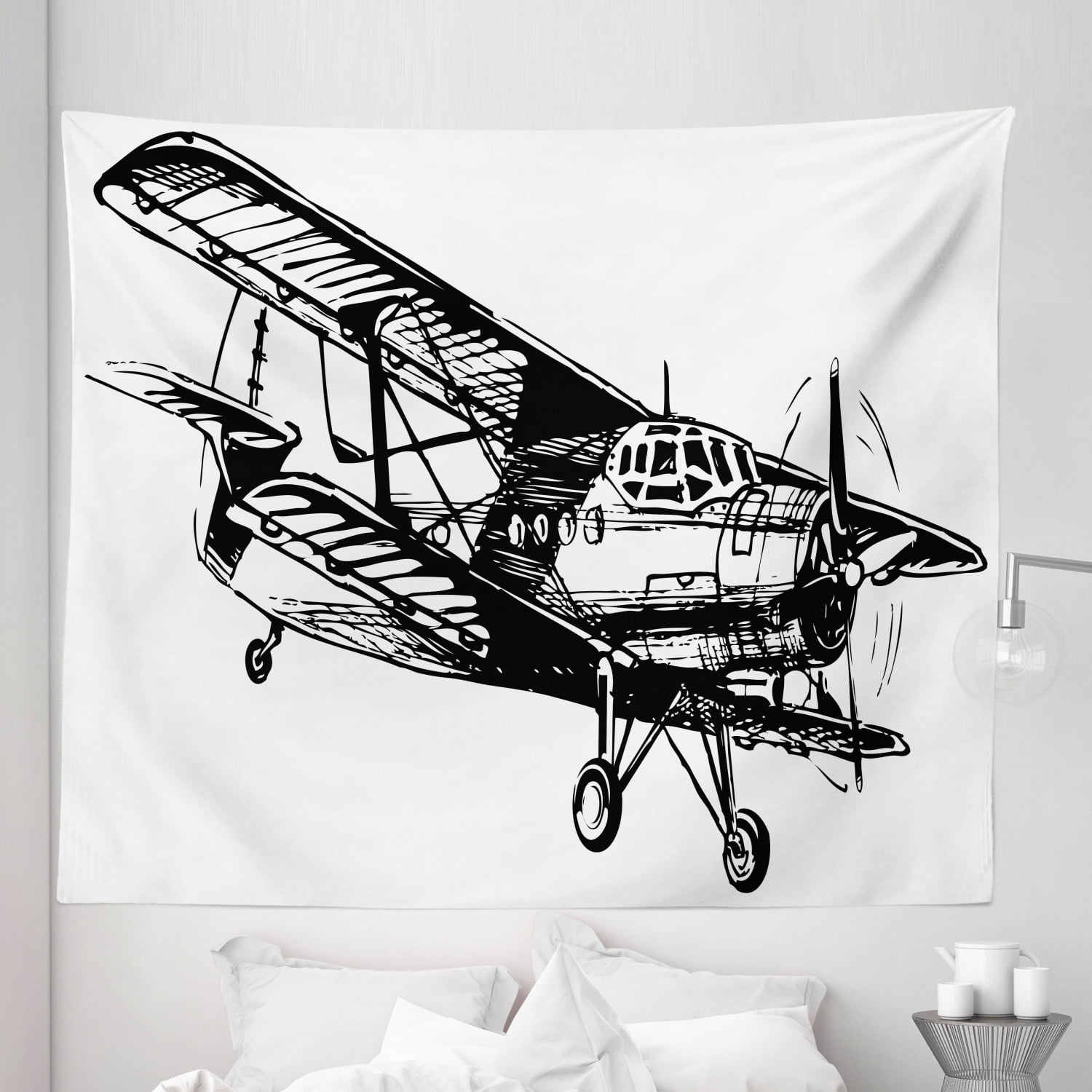 Vintage Airplane Tapestry, Drawing of a Monoplane Sketchy Monochrome ...