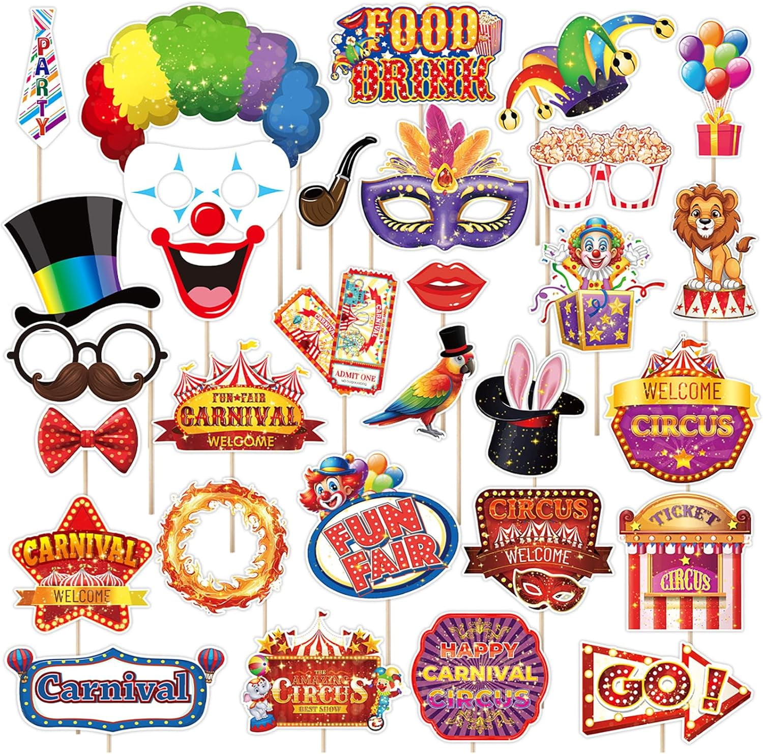 HUGFEGWE 30 Pieces Carnival Photo Booth Props Funny Circus Carnival ...