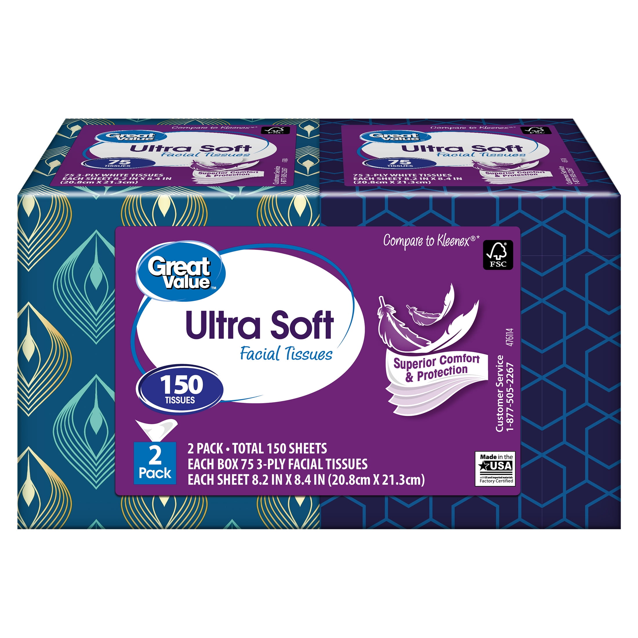 Great Value Ultra Soft 3-Ply Cube Box Facial Tissues, 2 Pack (150 Total ...