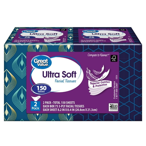 Great Value Ultra Soft 3-Ply Cube Box Facial Tissues, 2 Pack (150 Total Tissues) - Walmart.com